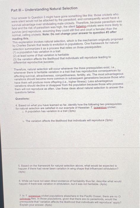 Part III - Understanding Natural Selection Your | Chegg.com