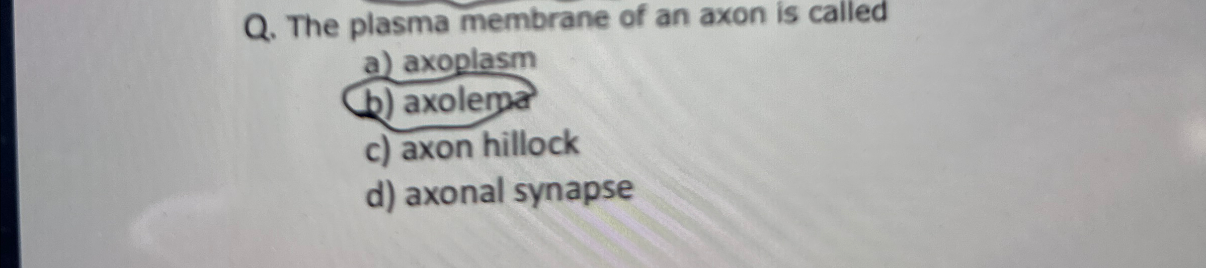 Solved Q. ﻿The plasma membrane of an axon is calleda) | Chegg.com