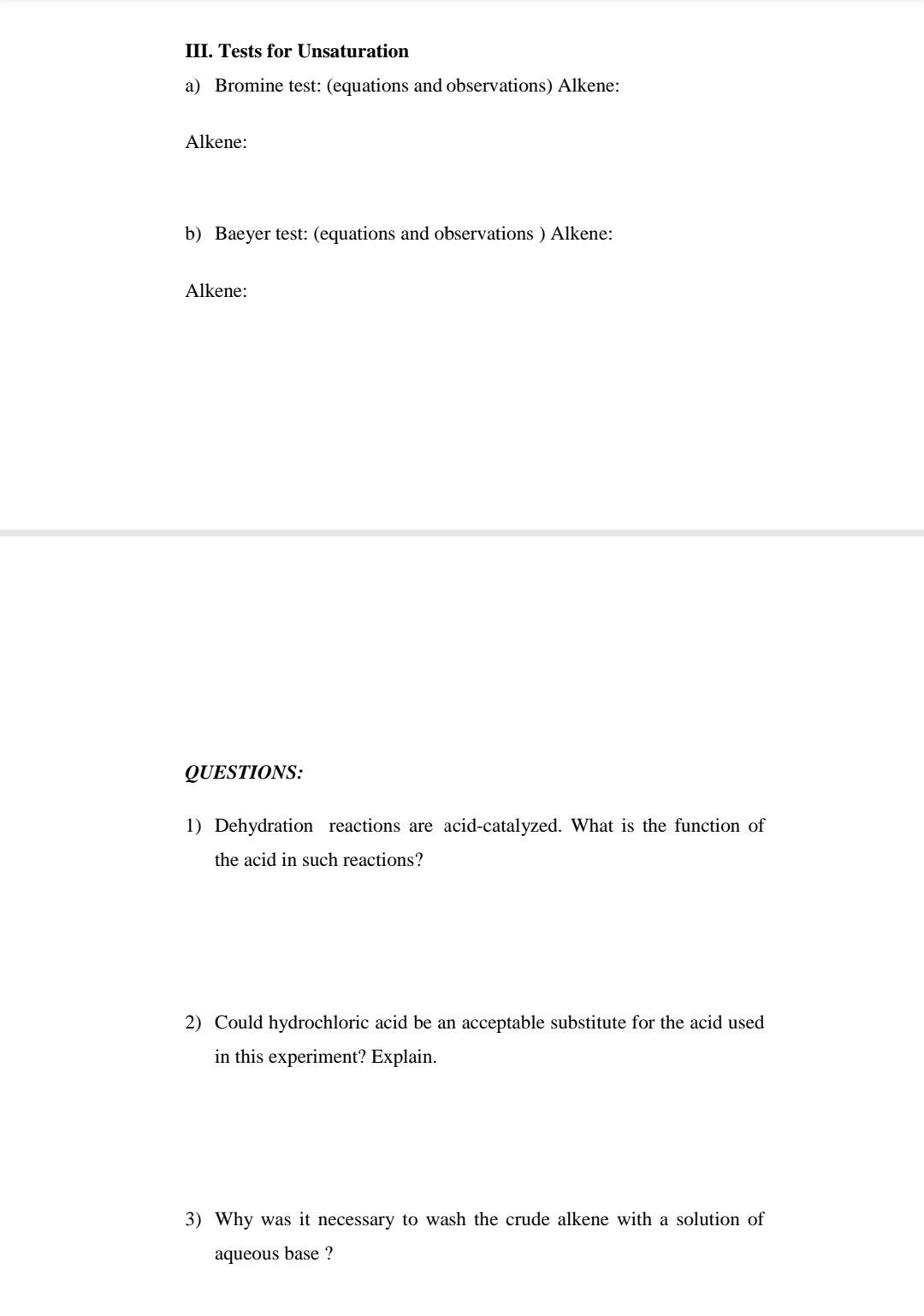 Solved III. Tests for Unsaturation a) Bromine test: | Chegg.com