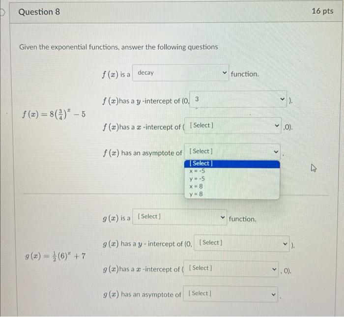 Solved Question 8 Given the exponential functions, answer | Chegg.com