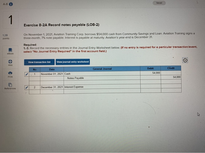 Solved Saved A-8 1 Exercise 8-2A Record notes payable | Chegg.com