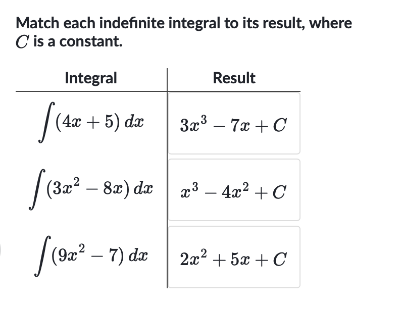 Solved Match each indefinite integral to its result, whereC | Chegg.com