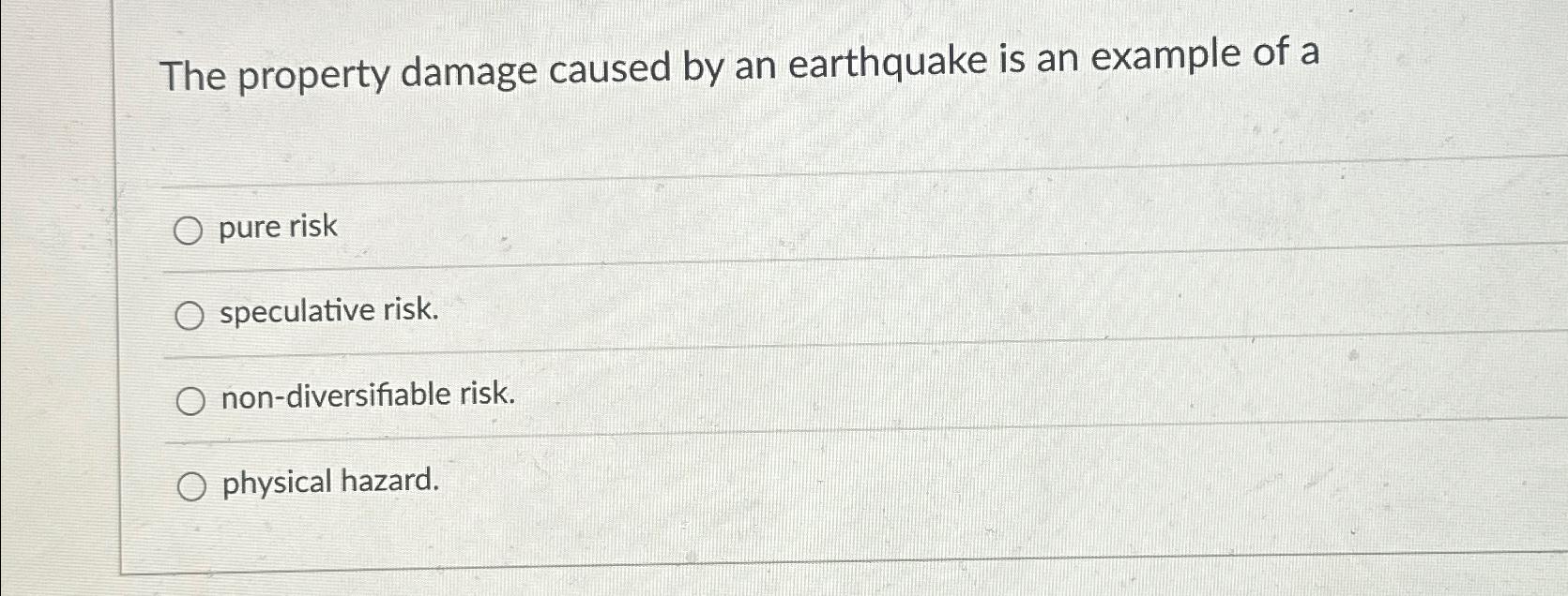 Solved The property damage caused by an earthquake is an | Chegg.com