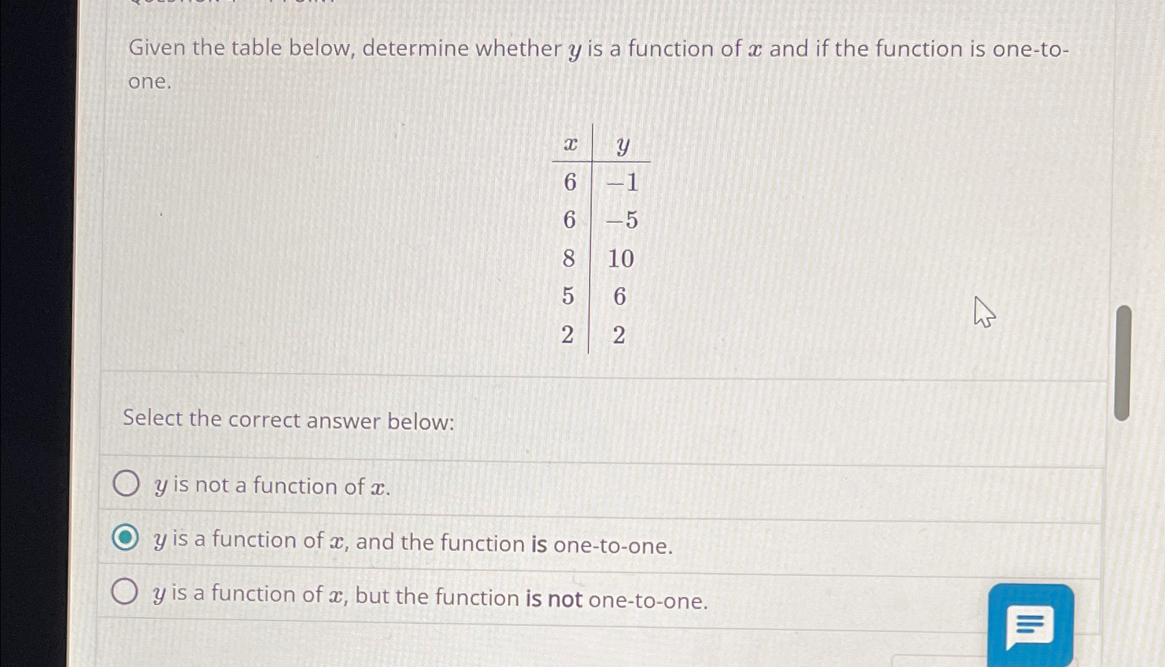 Solved Given the table below, determine whether y ﻿is a | Chegg.com