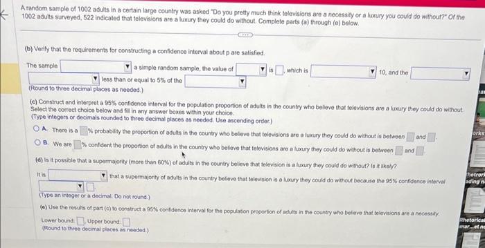 Solved trandom sample of 1002 adults in a certain large | Chegg.com