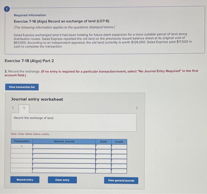 Solved Required information Exercise 7-18 (Algo) Record an | Chegg.com