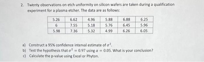 Solved 2. Twenty observations on etch uniformity on silicon | Chegg.com