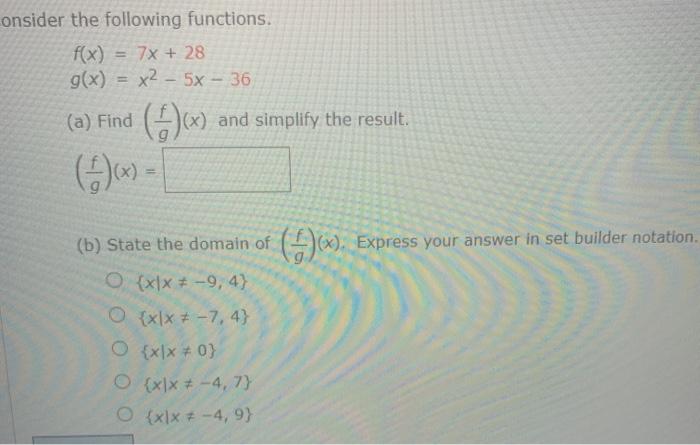 Solved onsider the following functions. f(x) = 7x + 28 g(x) | Chegg.com