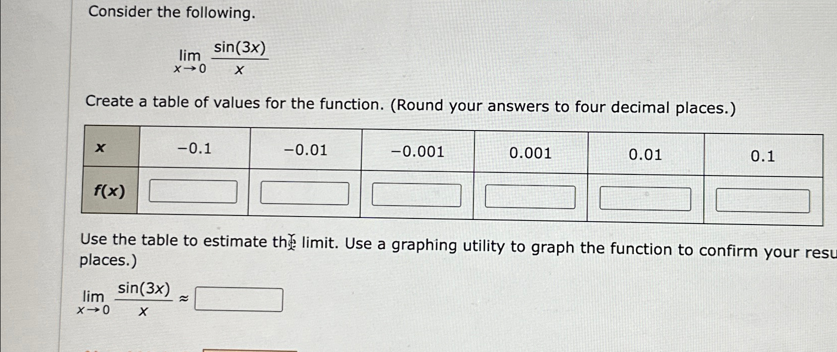 Solved Consider the following.limx→0sin(3x)xCreate a table | Chegg.com