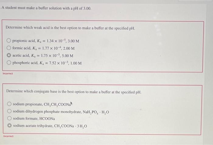 Solved A student must make a buffer solution with a pH of | Chegg.com