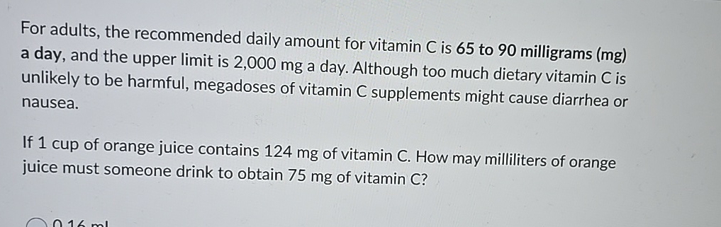 Solved For adults, the recommended daily amount for vitamin | Chegg.com