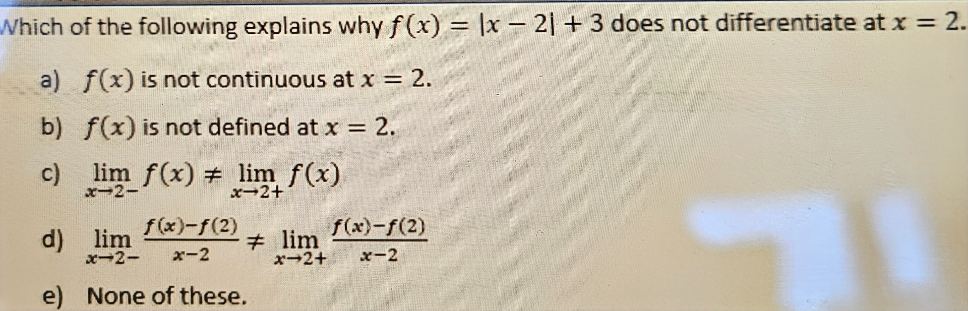 Solved Which of the following explains why f(x)=|x-2|+3 | Chegg.com