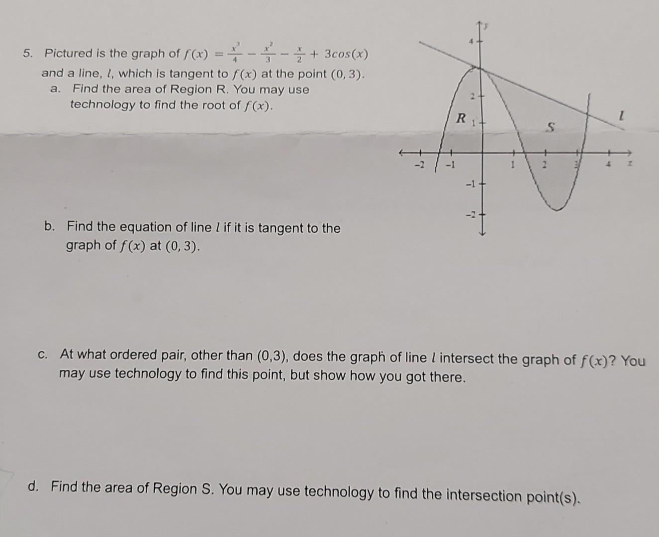 Solved 5. Pictured is the graph of f(x)=4x3−3x2−2x+3cos(x) | Chegg.com