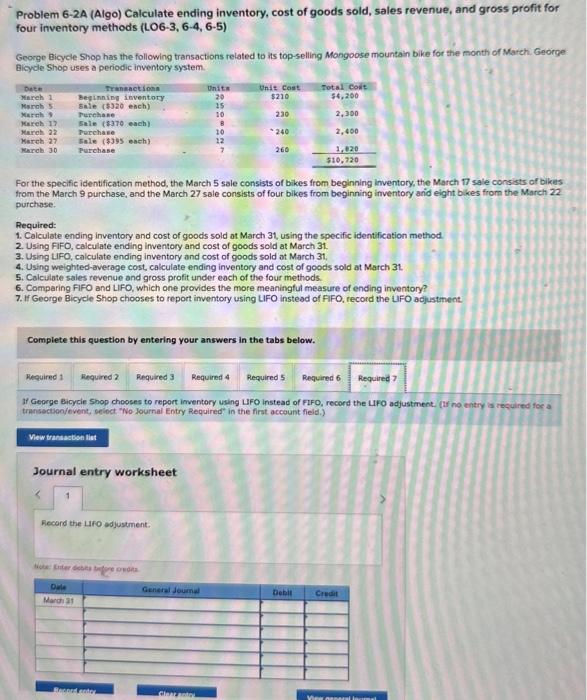 Solved Problem 6-2A (Algo) Calculate ending inventory, cost | Chegg.com