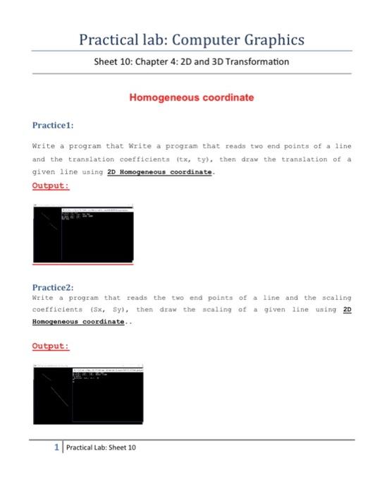 Solved Practical lab: Computer Graphics Sheet 10: Chapter 4: | Chegg.com