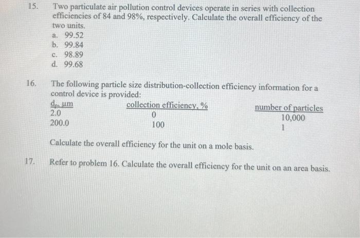 Solved 15. Two particulate air pollution control devices | Chegg.com