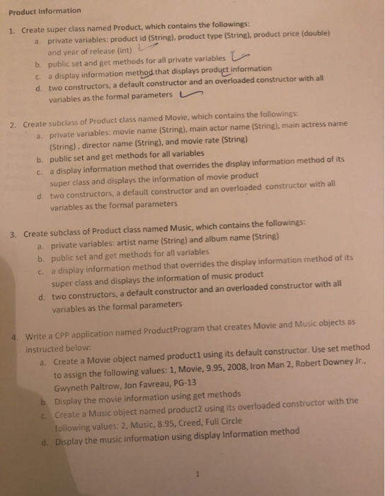 Solved Product Information 1. Create super class named | Chegg.com