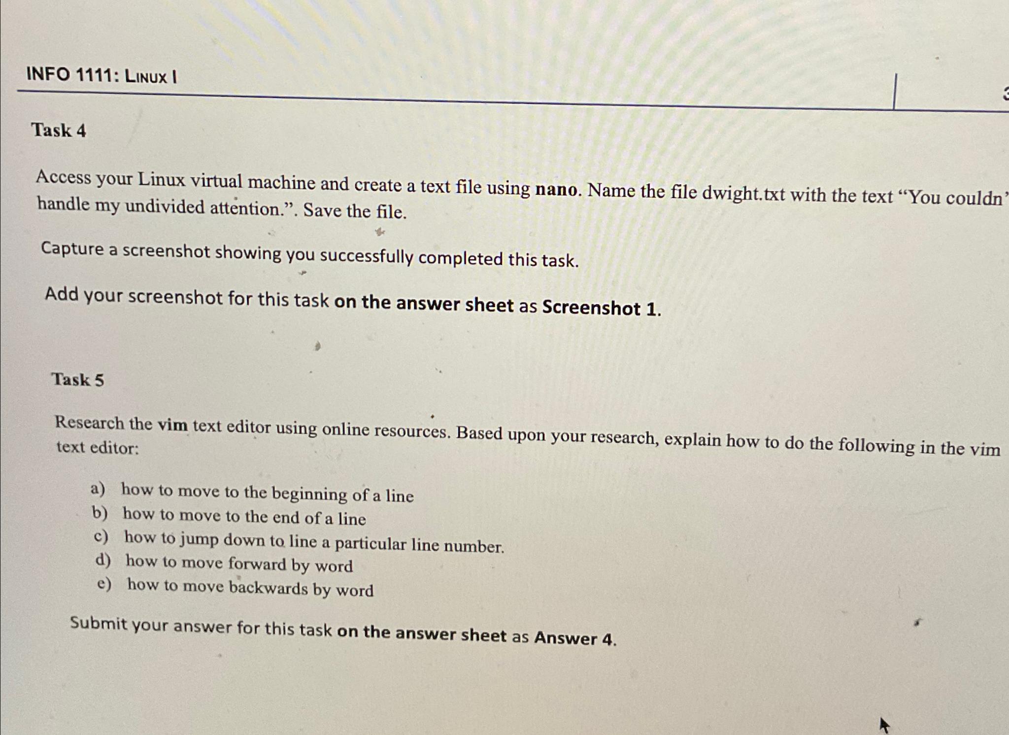 Solved INFO 1111: Linux ITask 4Access your Linux virtual | Chegg.com