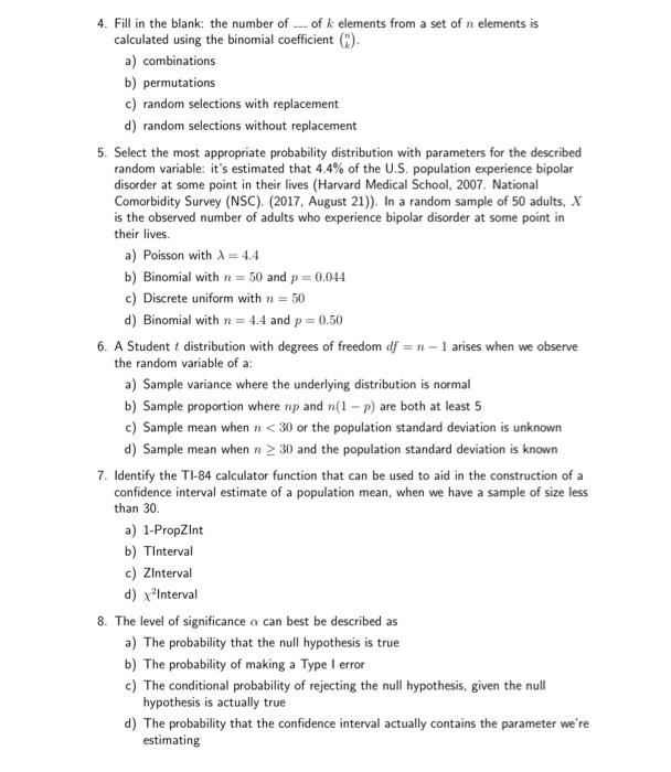 Solved 4. Fill in the blank: the number of … of k elements | Chegg.com