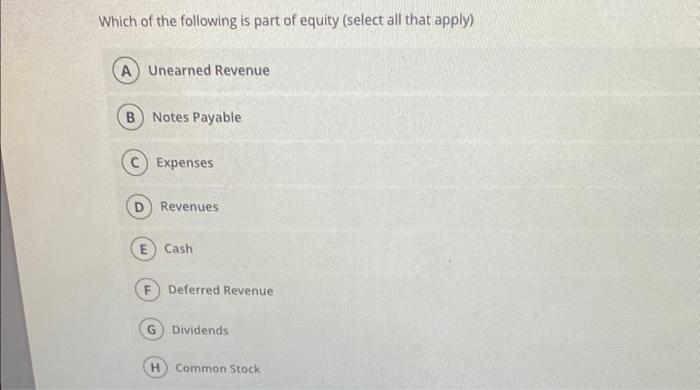 Solved Which of the following is part of equity (select all | Chegg.com