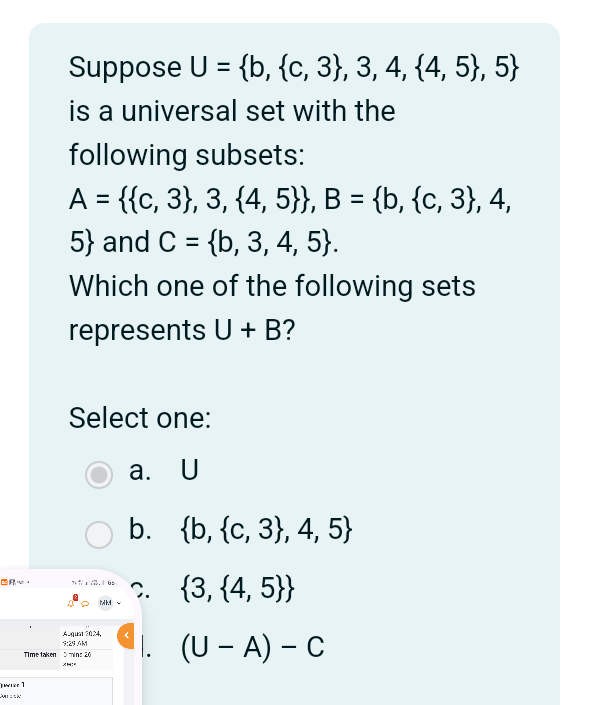 Solved Suppose U={b,{c,3},3,4,{4,5},5} ﻿is a universal set | Chegg.com