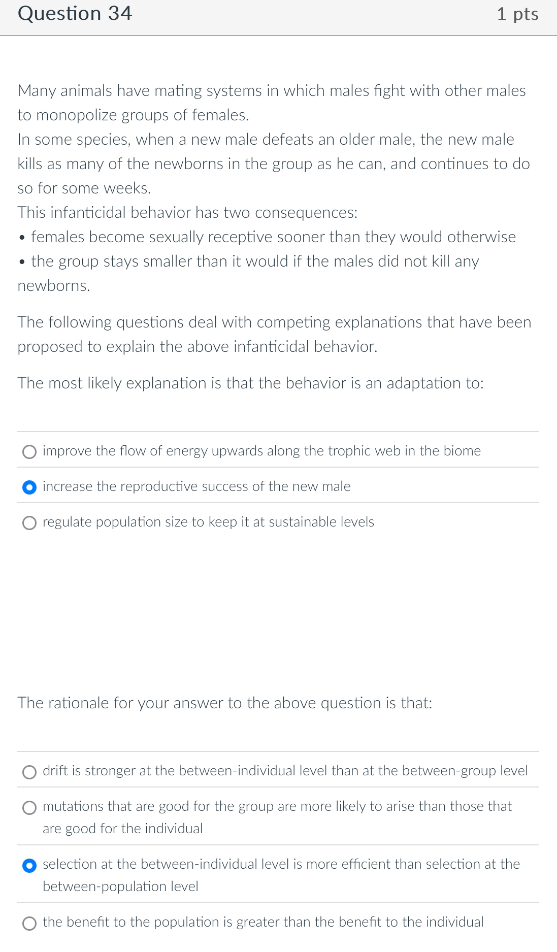 Solved Question 341 ﻿ptsMany animals have mating systems in | Chegg.com