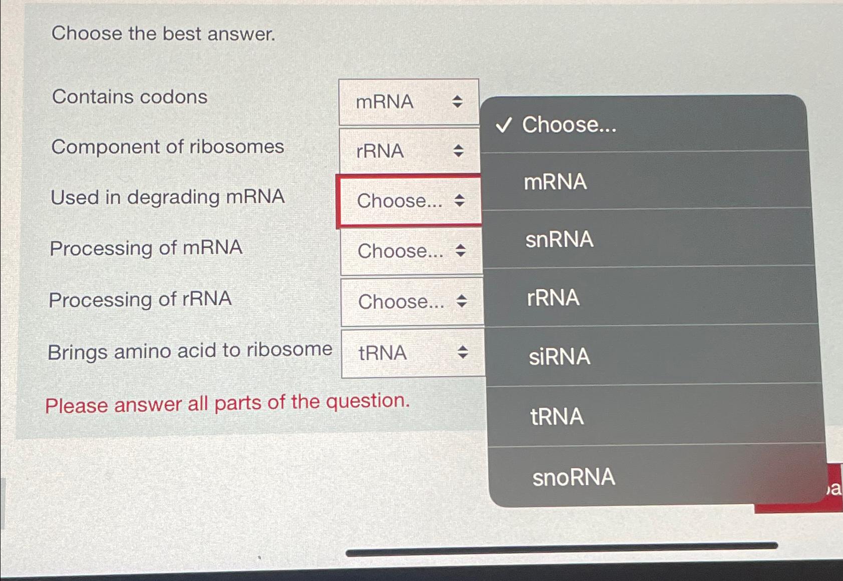 Solved Choose the best answer.\table[[Contains codons,mRNA | Chegg.com