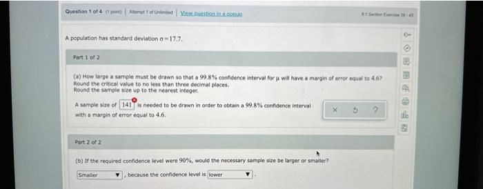Solved A population has standard deviation σ=17.7. Part 1 of | Chegg.com