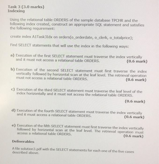 Task 3 (3.0 marks) Indexing Using the relational | Chegg.com