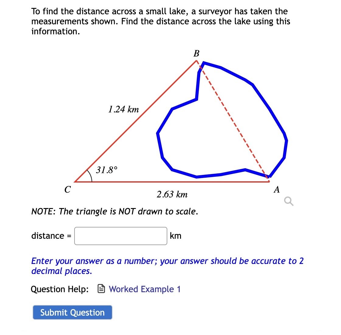 Solved To find the distance across a small lake, a surveyor | Chegg.com