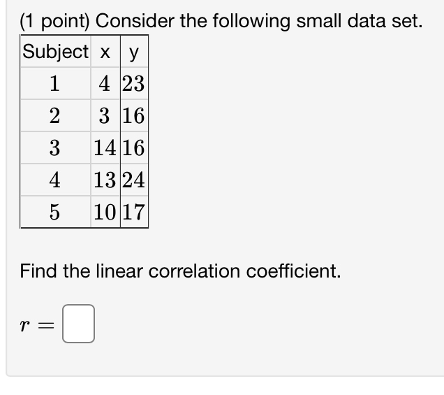 Solved (1 ﻿point) ﻿Consider the following small data | Chegg.com