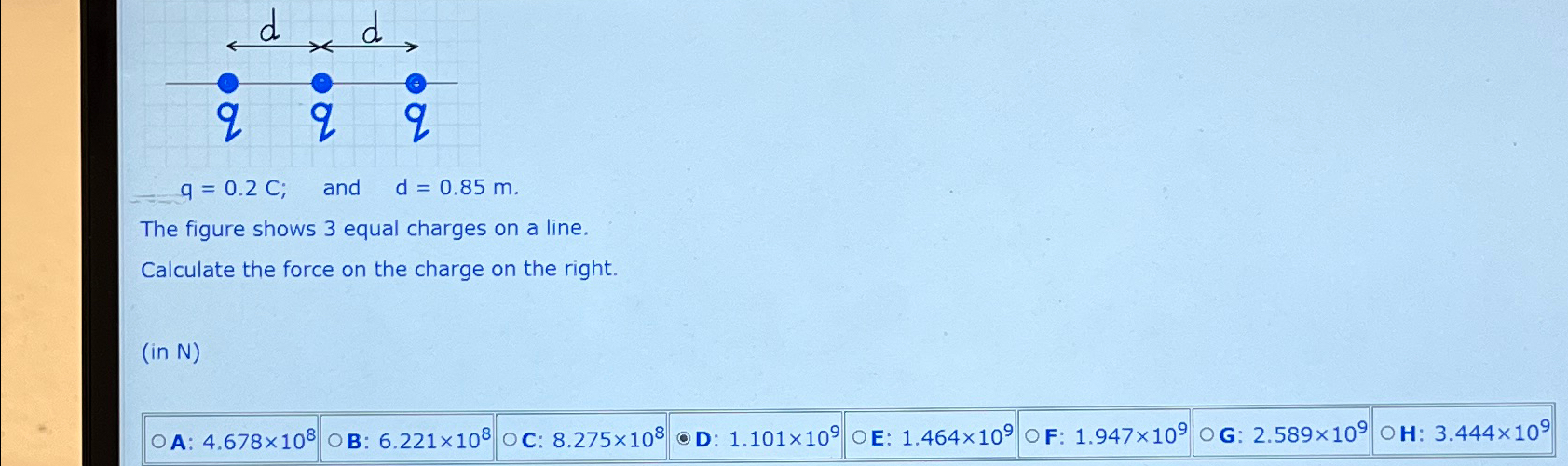 Solved q=0.2C;, ﻿and ,d=0.85m. ﻿The figure shows 3 ﻿equal | Chegg.com