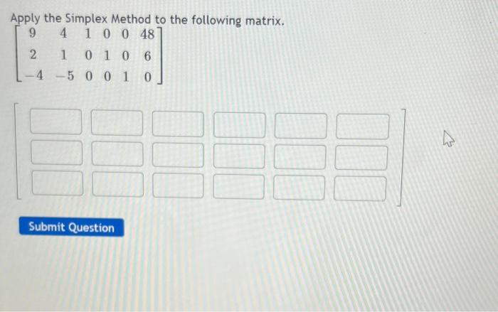 Solved Apply the Simplex Method to the following matrix. 9 4 | Chegg.com