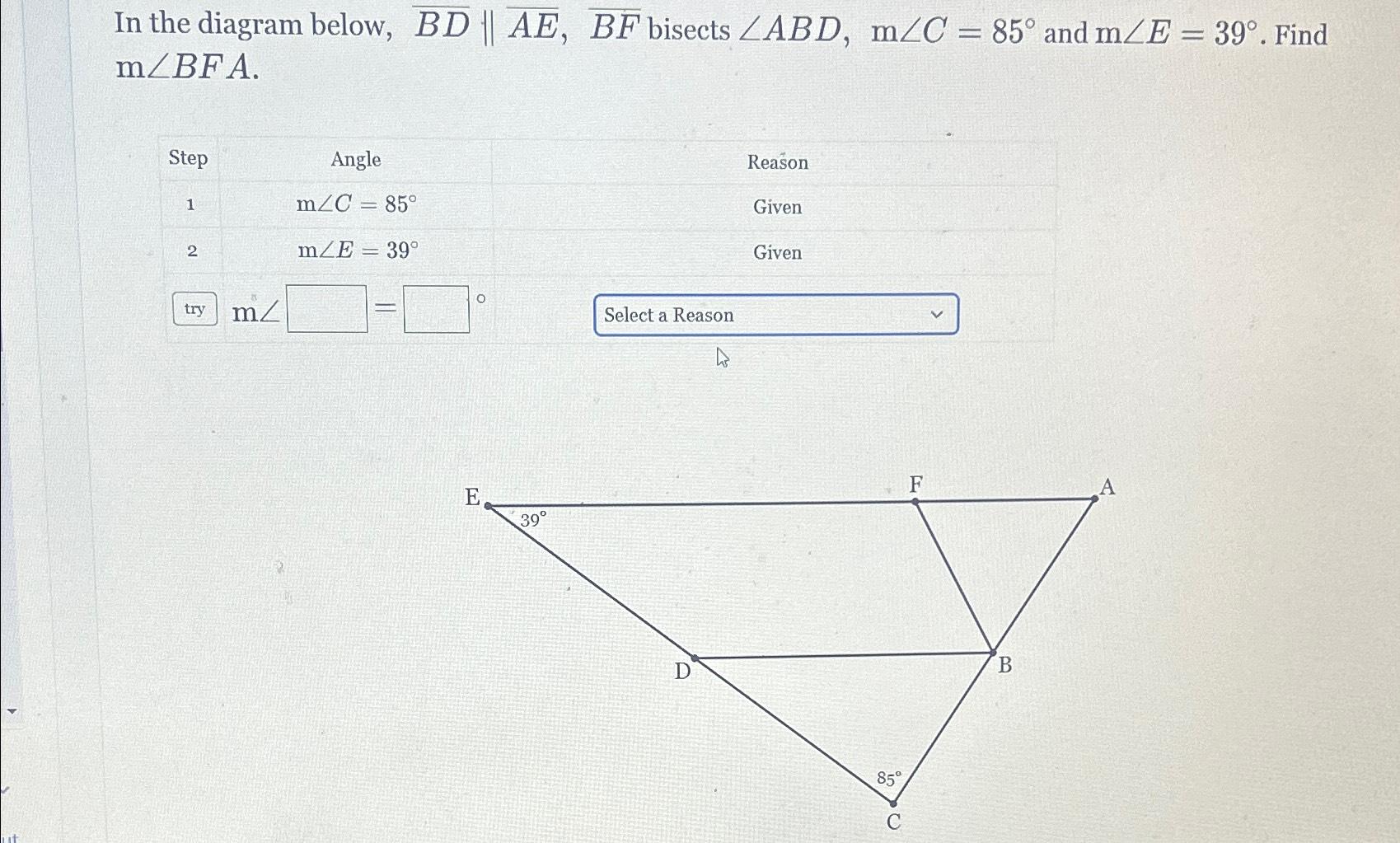 Solved In the diagram below, |)/(b| ﻿bisects ??ABD,m?C=85° | Chegg.com