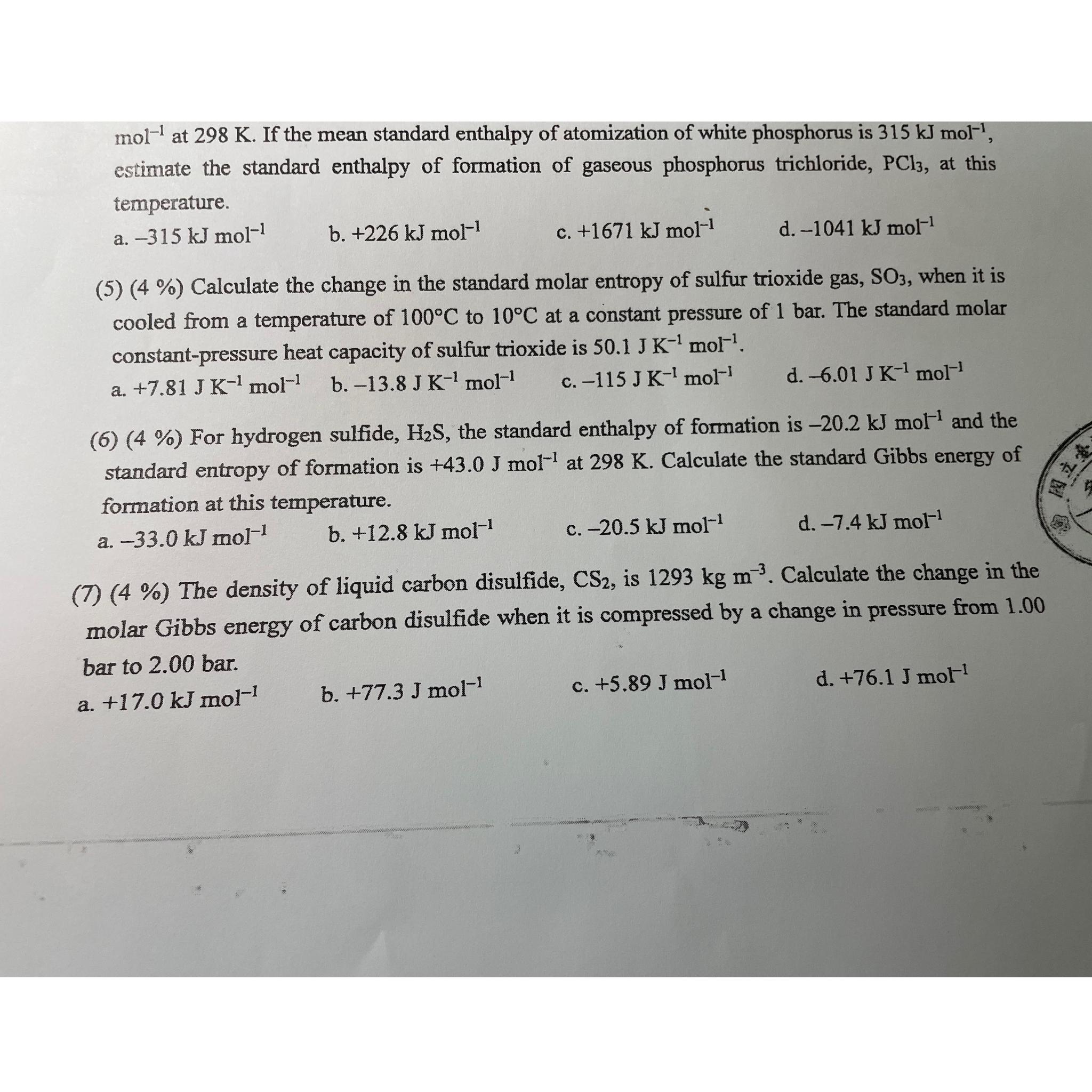 Solved (5) (4%) ﻿Calculate the change in the standard molar | Chegg.com