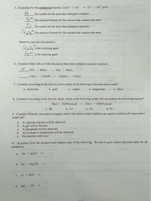 Solved 1. (10 points) Fill in the blanks: 2. (6 points) What | Chegg.com