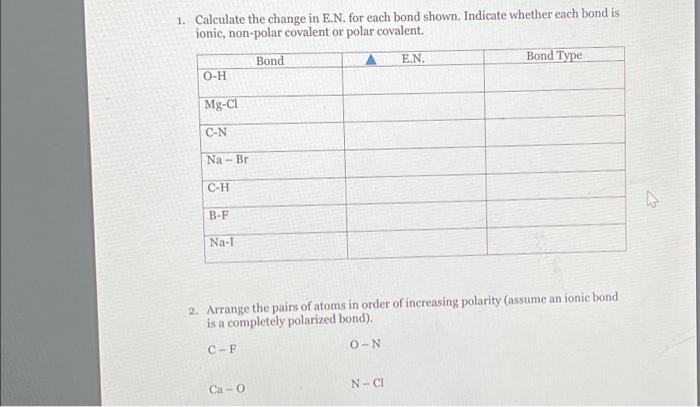 Solved 1. Calculate the change in E.N. for each bond shown. | Chegg.com