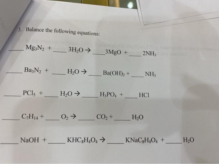 Solved 3. Balance the following equations: Mg3N2 + ЗН,09 | Chegg.com