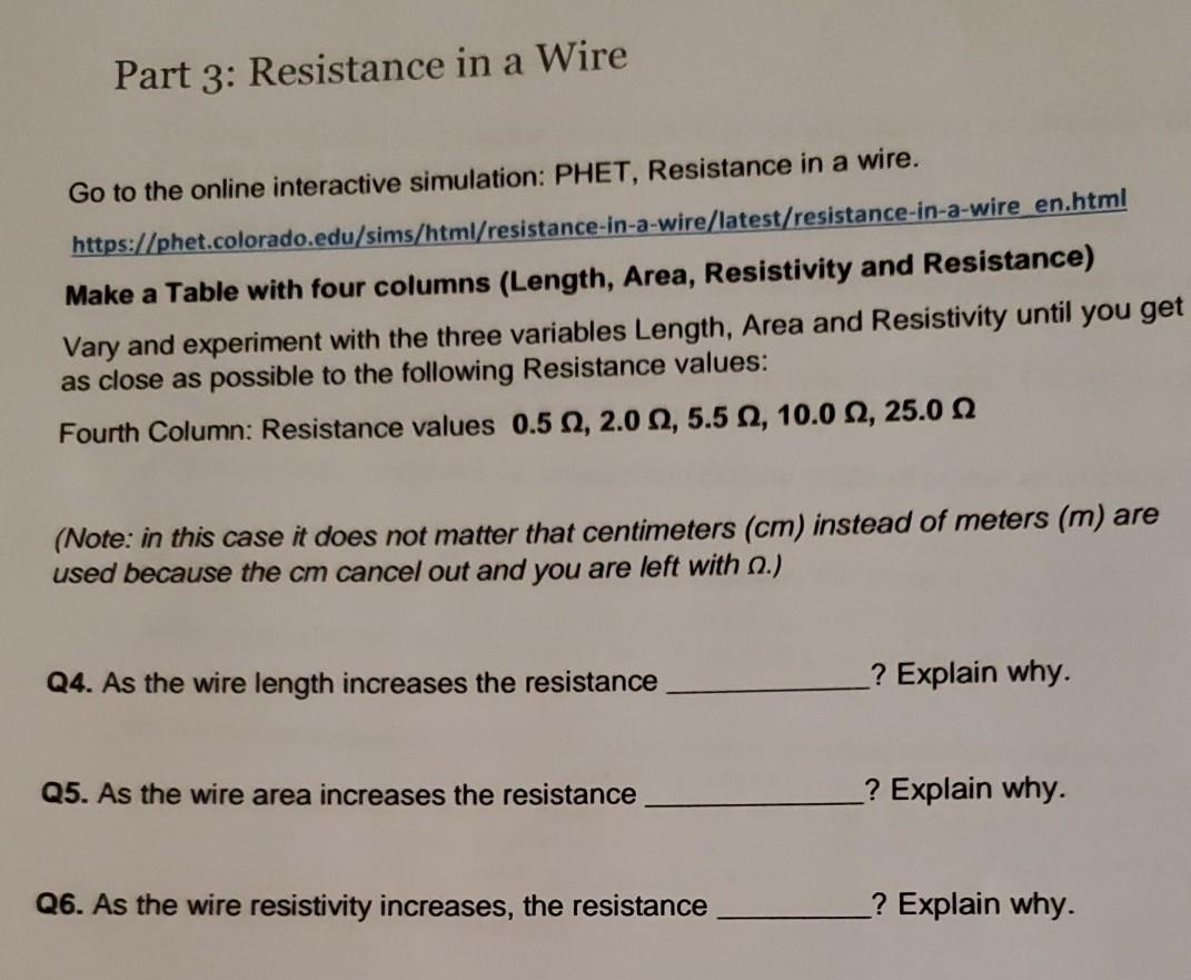 Solved Part 3: Resistance in a Wire Go to the online | Chegg.com