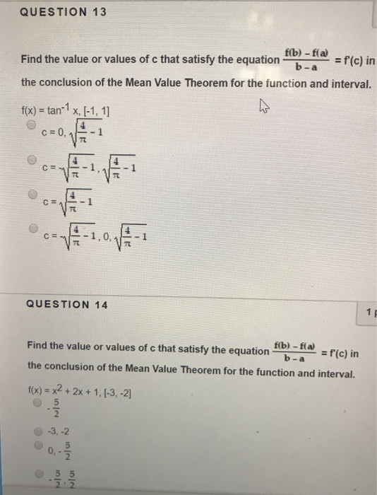 Solved QUESTION 13 Find the value or values of c that | Chegg.com