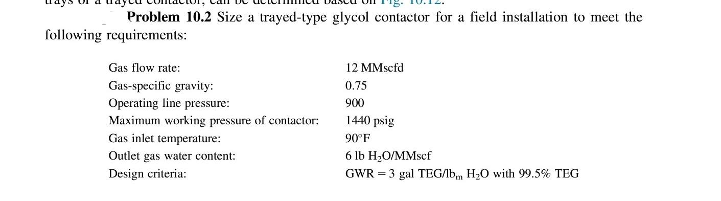 Solved Problem 10.2 Size a trayed-type glycol contactor for | Chegg.com