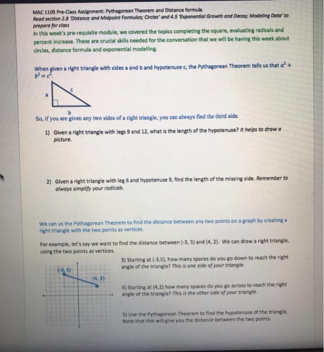 Solved MAC 1105 Pre-Class Assignment: Pythagorean Theorem | Chegg.com