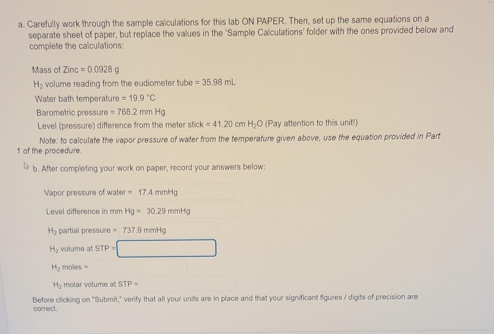 Solved a. Carefully work through the sample calculations for | Chegg.com