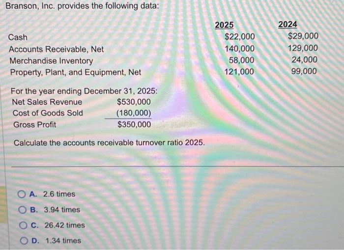 Solved Branson, Inc. provides the following data: Calculate | Chegg.com