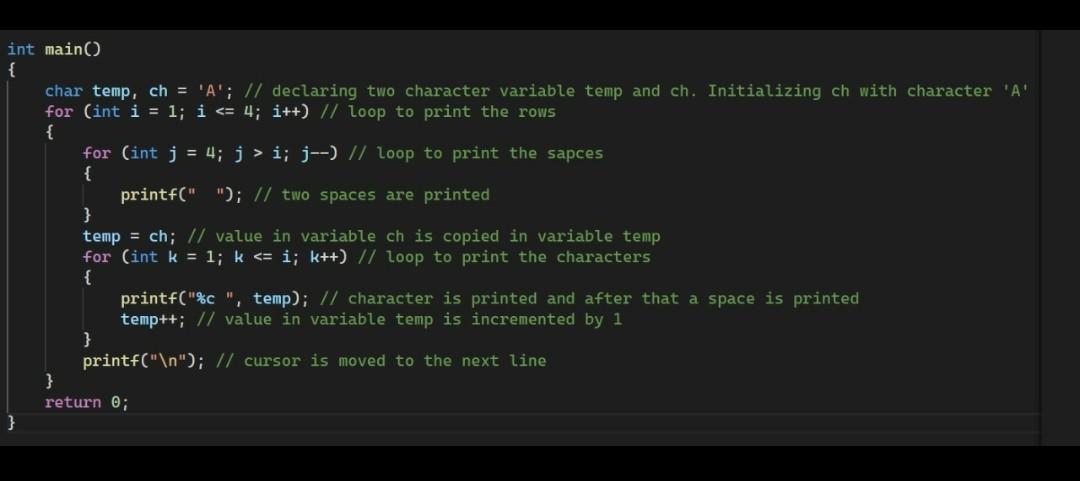 Solved int main() { char temp, ch = 'A'; // declaring two | Chegg.com
