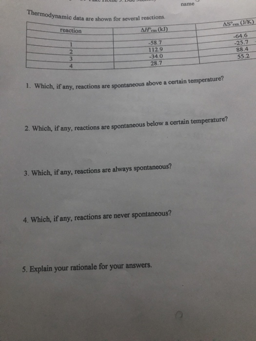 Solved name Thermodynamic data are sho dynamic data are | Chegg.com
