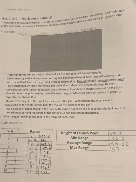 Projectile Motion Lab Activity 1 - Horizontal Launch | Chegg.com