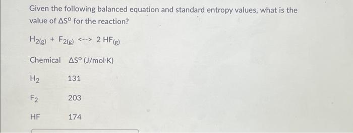 Solved Given the following balanced equation and standard | Chegg.com