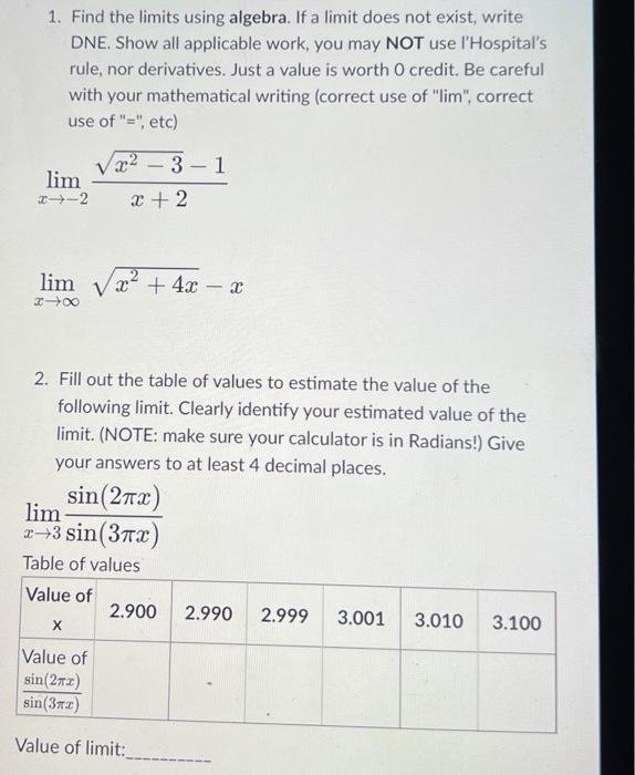 Solved 1. Find the limits using algebra. If a limit does not | Chegg.com