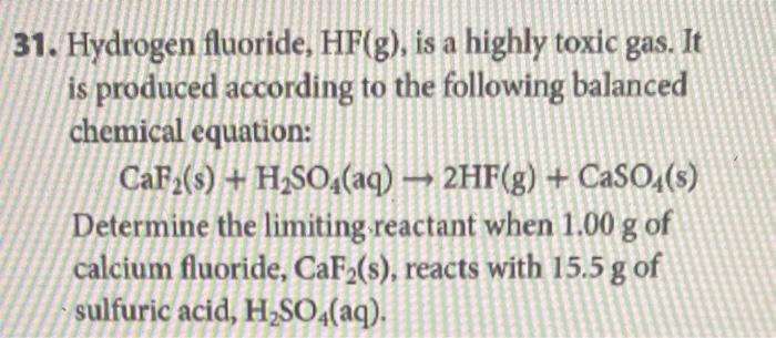 Solved 1. Hydrogen fluoride, HF (g), is a highly toxic gas. | Chegg.com
